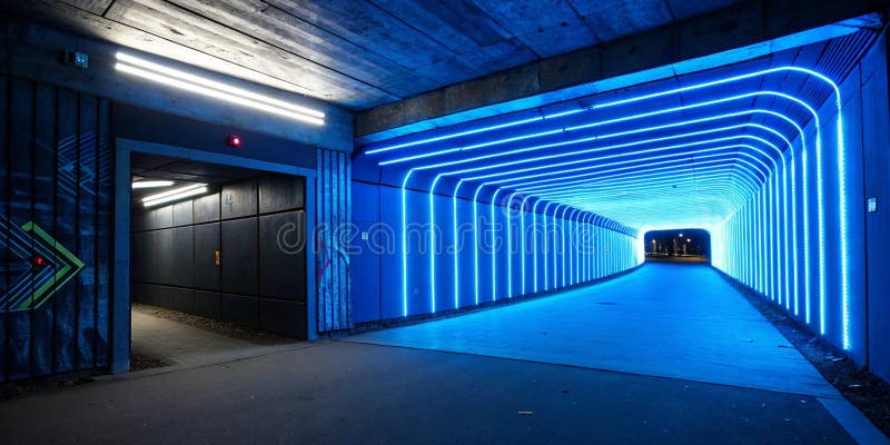 Tunnel in Blue Neon Light, Underground Passage. Abstract Blue ...