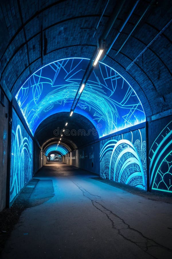 Tunnel in Blue Neon Light, Underground Passage. Abstract Blue ...