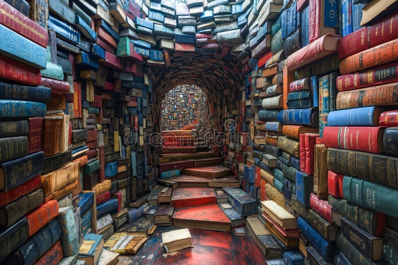 A Tunnel of Books that are Stacked Up in a Library Stock Image - Image ...