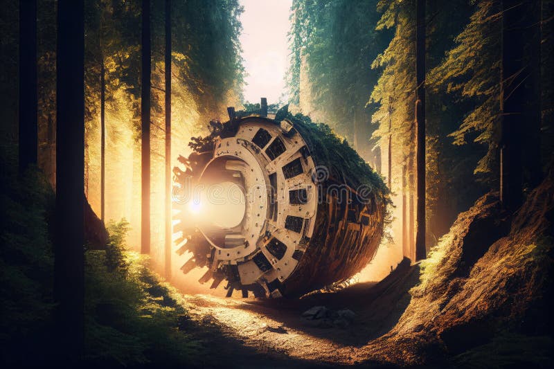 Tunnel Boring Machine Burrowing through Dense Forest, with Trees and ...
