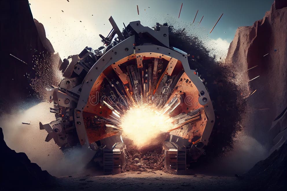 Tunnel Boring Machine Digging Its Way through Solid Rock, with Sparks Flying from the Tools ...