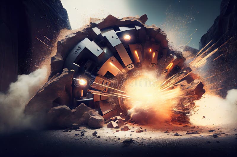 Tunnel Boring Machine Digging Its Way through Solid Rock, with Sparks ...