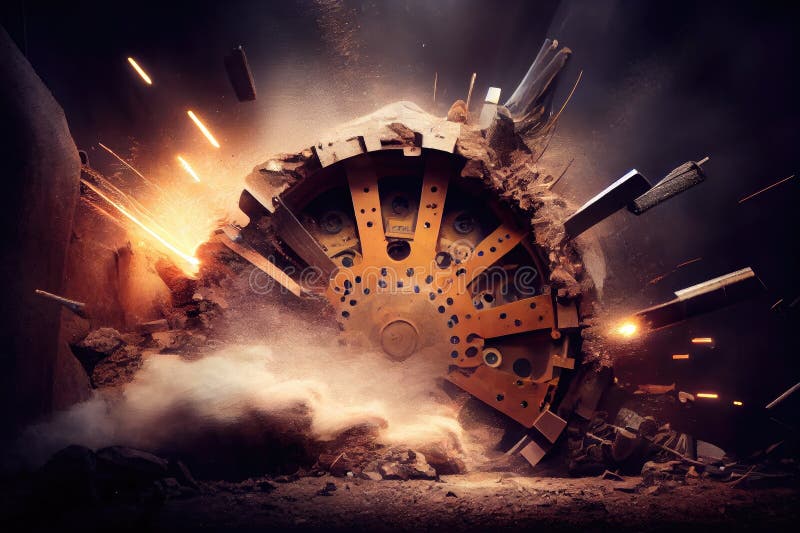 Tunnel Boring Machine Digging Its Way through Solid Rock, with Sparks ...