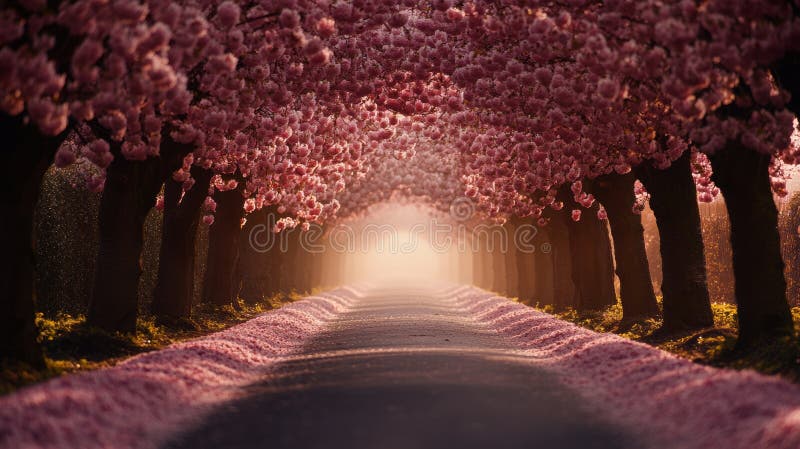 Tunnel of Cherry Blossoms in the Park. Beautiful Spring Scene Stock ...