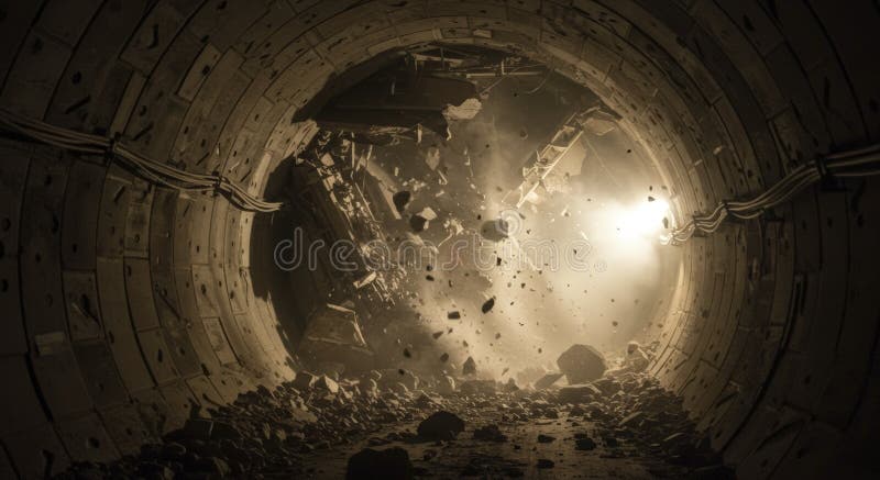 Tunnel Collapse with Debris and Dust Cloud Dramatic Underground ...