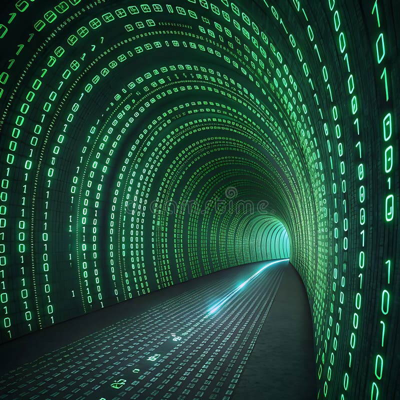 Endless Circuit: a Tunnel of Glowing Binary Code and Shifting Digital Patterns Stock ...