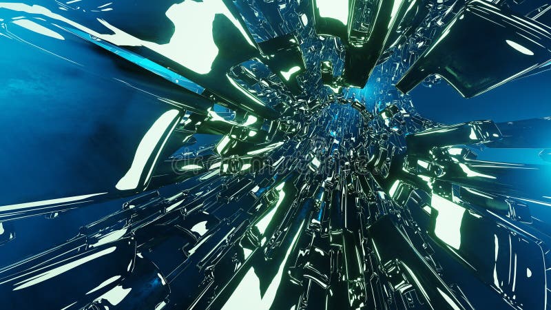 Tunnel of Flying Glowing Blocks in Blue Dim Light Space. Abstract ...