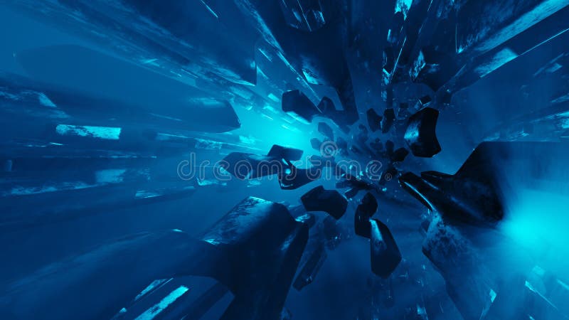 Tunnel of Flying Steel Blocks in Blue Dim Light Space. Abstract ...
