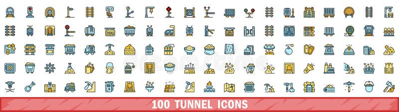 100 Tunnel Icons Set, Color Line Style Stock Illustration ...