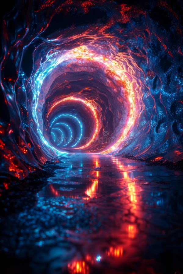 A Tunnel with Lights and a Water Stream in it, AI Stock Illustration ...