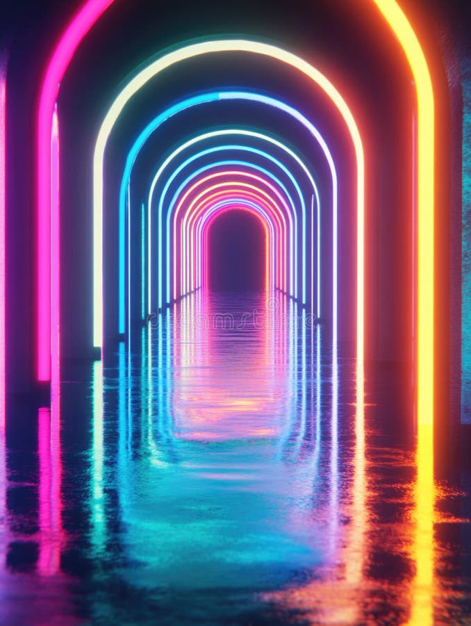 Tunnel with Neon Lights stock image. Image of bright - 375949411