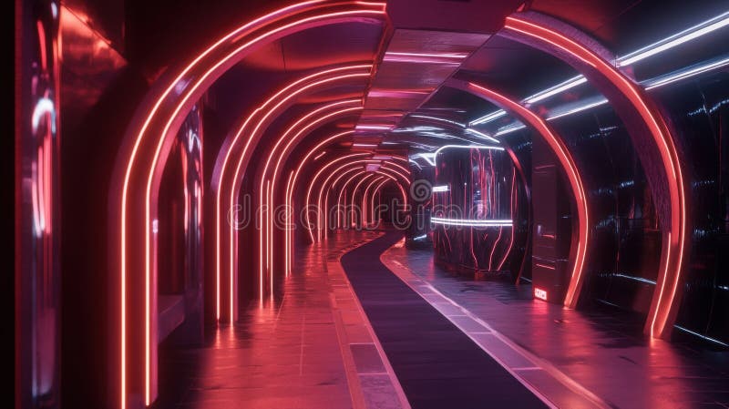 A Tunnel with Neon Lights in a Train Station Stock Illustration ...
