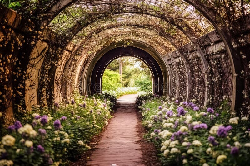 A Tunnel with a Path of Flowers Leading through it. Stock Image - Image ...