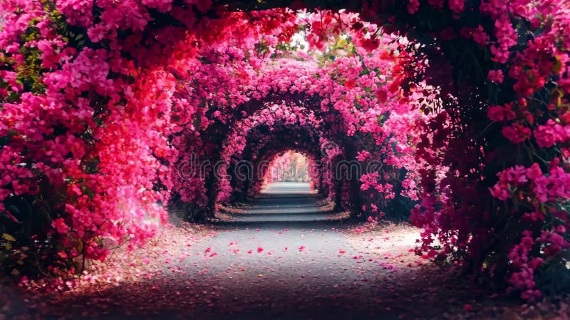 A Tunnel of Pink Flowers in the Middle of a Road Stock Video - Video of ...