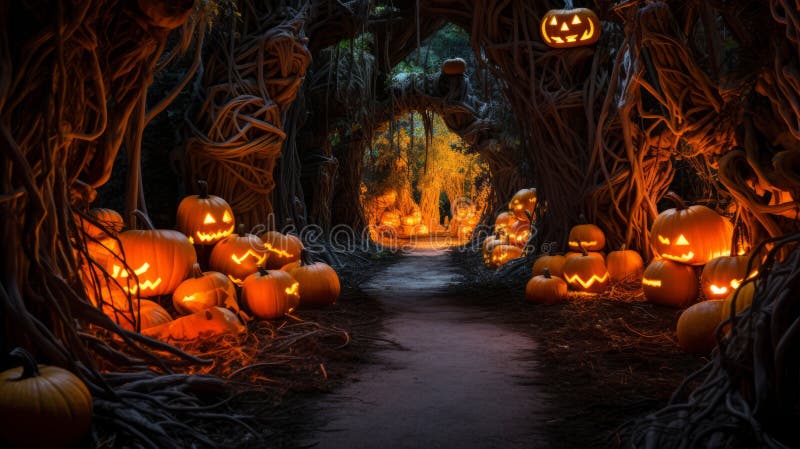 Tunnel of Pumpkins with Jack O Lanterns on Them Stock Illustration ...