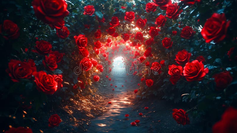 A Tunnel of Red Roses in the Middle of a Dark Forest Stock Photo ...