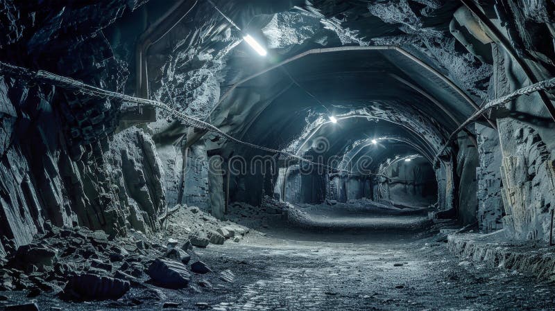 A Tunnel in an Underground Coal Mine is Brightly Lit, Revealing the ...