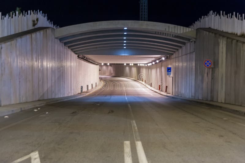 Tunnel, Underpass at Night Illuminated. Stock Image - Image of night ...