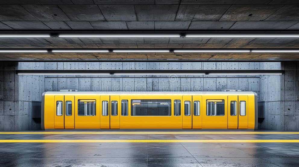 Tunnel with Yellow Conveyor Train in the Future Stock Photo - Image of ...