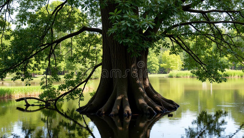 Tupelo Tree in Wetland with Mirrored Leaves and Flared Trunk Stock ...