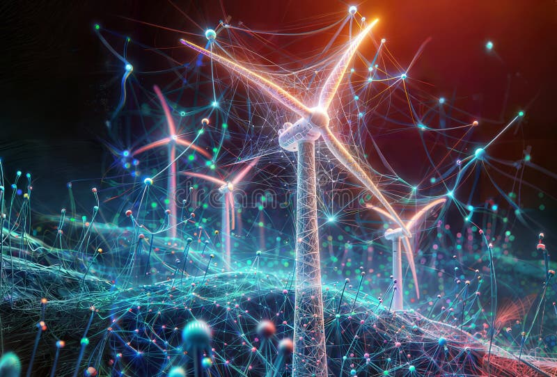 Wind Turbines on the Background of the Internet. 3D Illustration ...