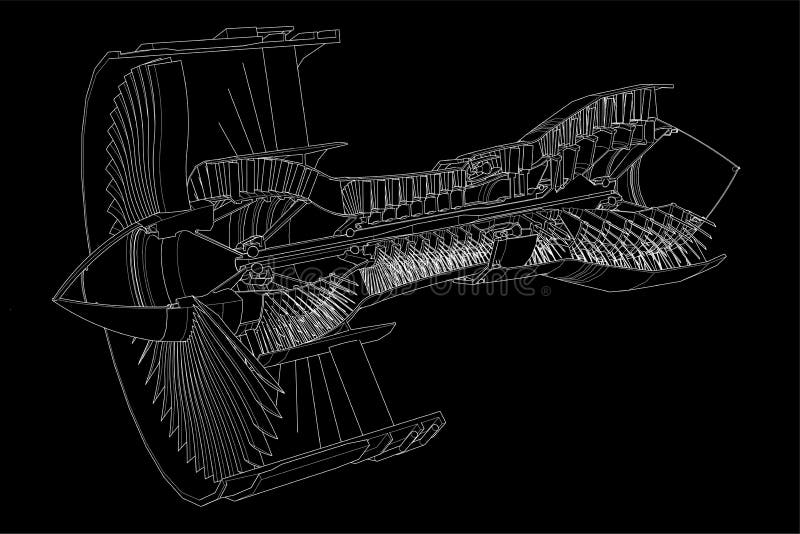 Turbo Jet Engine Aircraft. Vector Line Illustration. Stock Vector ...