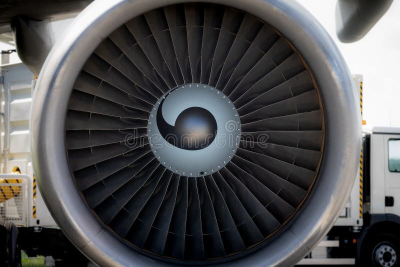 Close Up of a Turbofan Turbine Blades Jet Engine in Modern Airplane ...