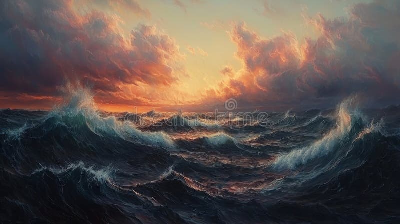 A Turbulent Seascape Featuring Towering Waves Under a Brooding, Dark ...