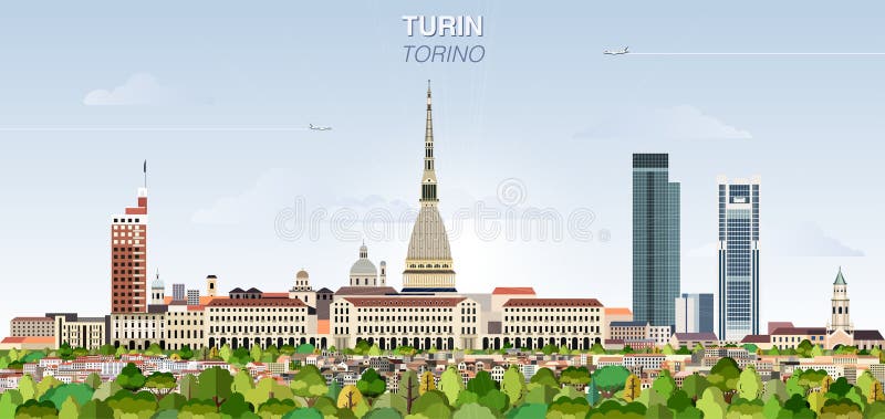 Turin City Skyline on Gradient Beautiful Day Sky Background Stock ...