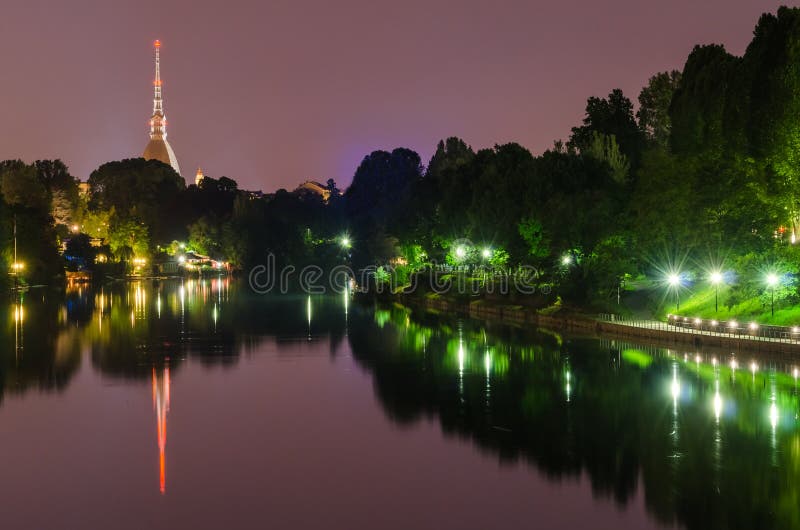 Turin, Night Panorama with River Po and Mole Antonelliana Stock Image ...