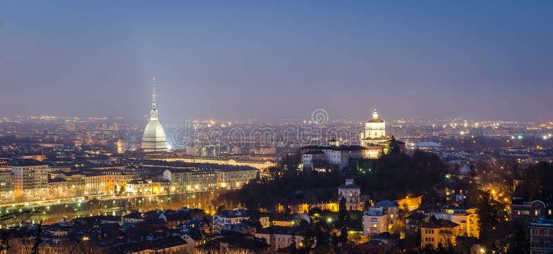 Turin (Torino), Night Panorama Stock Photo - Image of blue, landscape ...