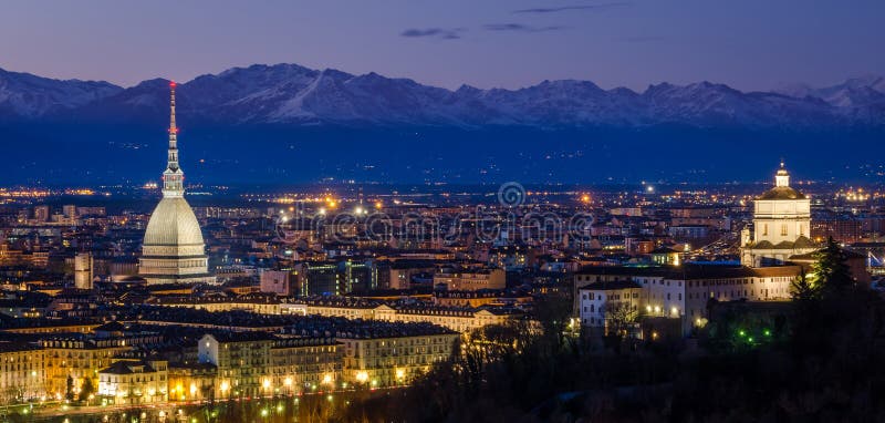 Turin (Torino), Night Panorama with Mole Antonelliana and Alps Stock ...