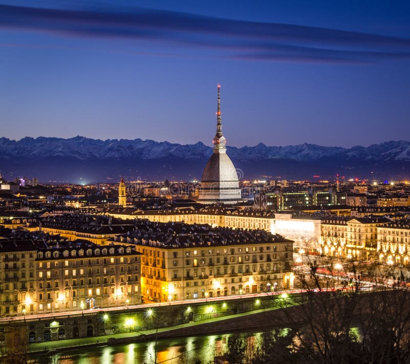 344 Turin Torino Night Panorama Mole Antonelliana Alps Stock Photos ...