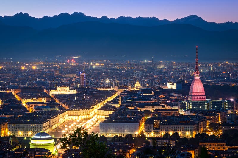 Turin (Torino), Panorama at Night Stock Image - Image of mountain ...