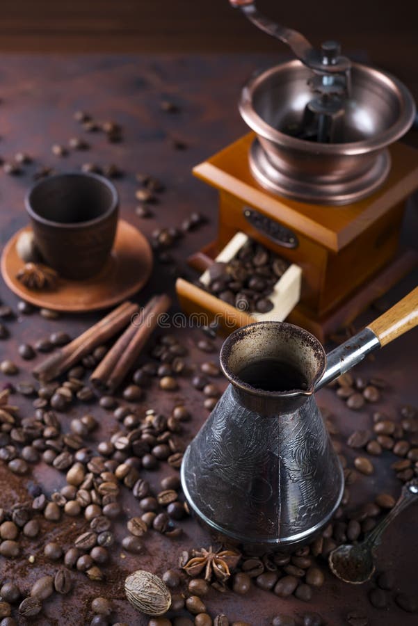 Turka with Coffee on the Table Next To Coffee Beans Stock Image - Image ...
