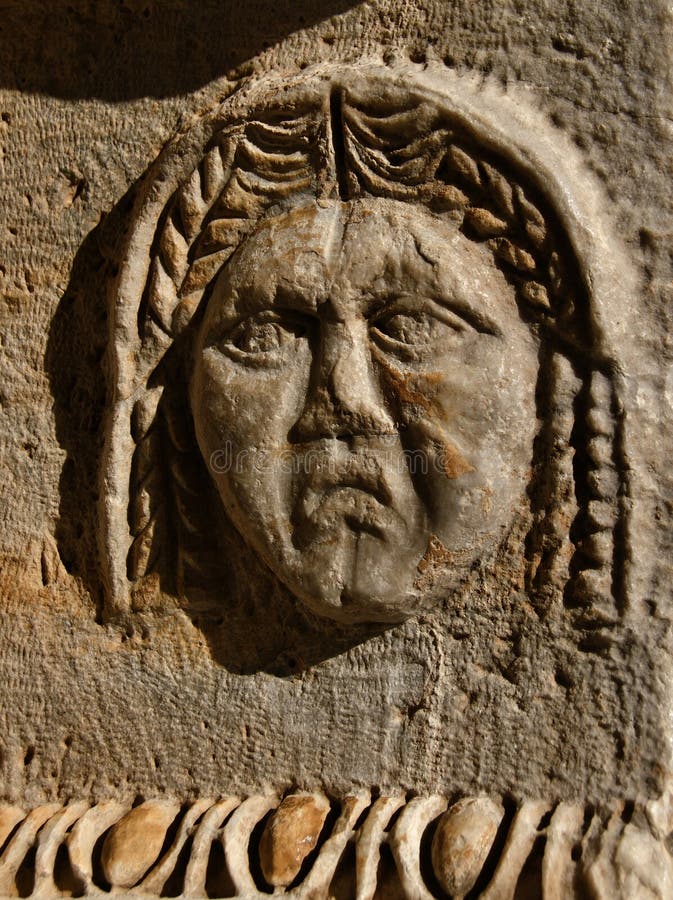 Face Carving of an Ancient Man at Roman Theater in Aspendos Ruins in ...