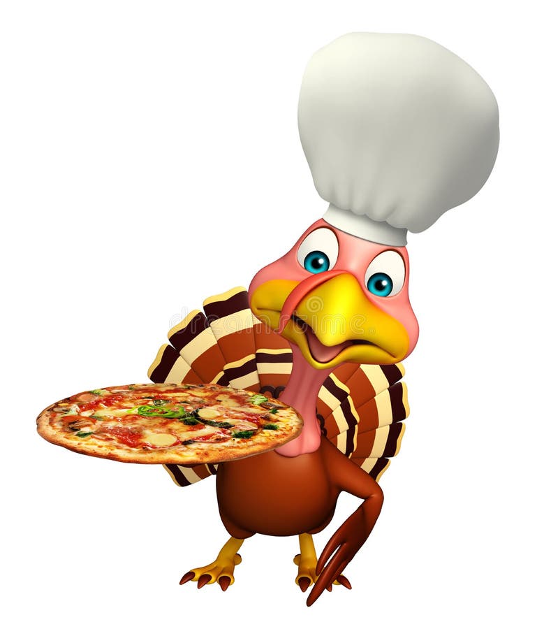 Turkey Cartoon Character with Chef Hat and Pizza Stock Illustration ...