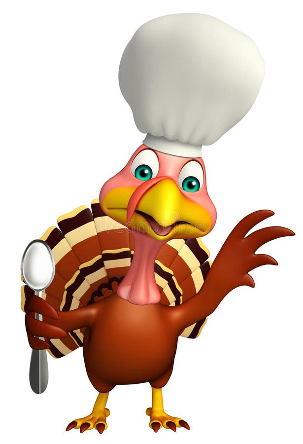Turkey Cartoon Character with Chef Hat and Spoon Stock Illustration ...