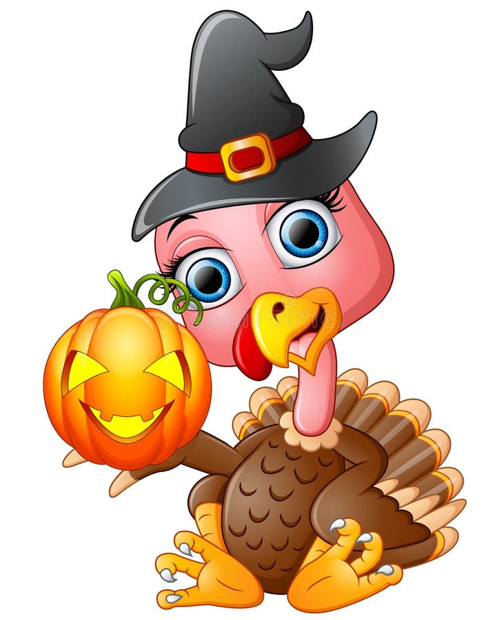 Turkey Cartoon with Witch Hat Holding Pumpkin Stock Vector ...