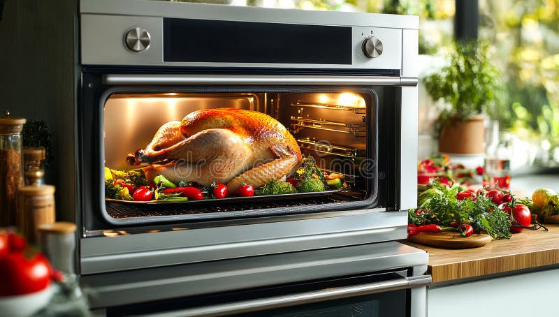 A Turkey is Cooking in an Oven with Vegetables on a Tray Stock Photo ...
