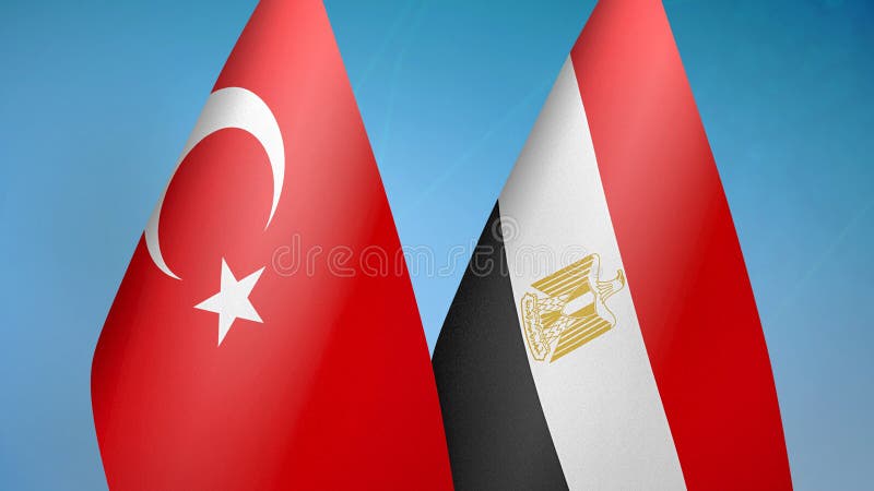 Turkey and Egypt Two Flags on Flagpoles and Blue Cloudy Sky Stock Image ...