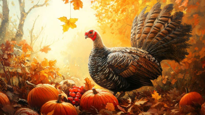 A Turkey in a Fall Forest with Pumpkins and Autumn Leaves Stock ...