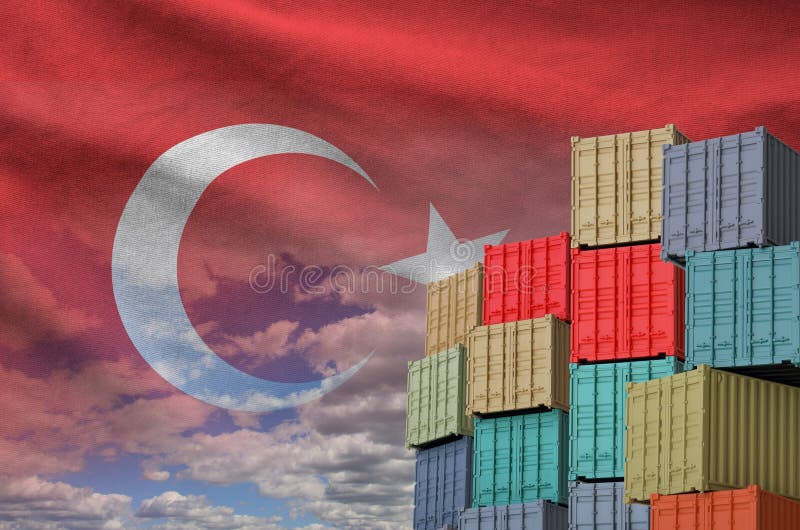 Turkey Flag and Big Stack of Shipping Cargo Containers in Docks with ...