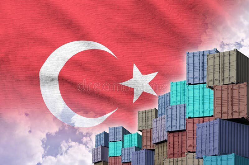 Turkey Flag and Big Stack of Shipping Cargo Containers in Docks with ...