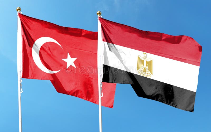 Turkey Flag and Egypt Flag on Cloudy Sky. Waving in the Sky Stock Photo ...