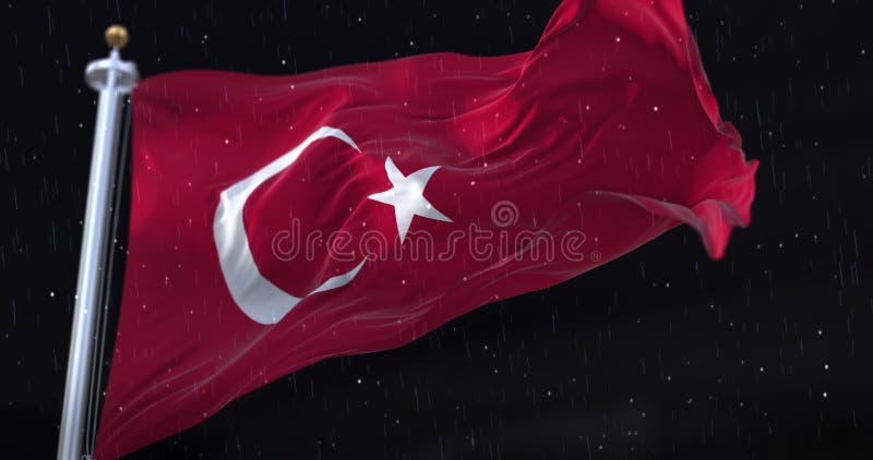 Turkey Flag Waving with Rain and Snow in the Night. Loop Stock Footage ...