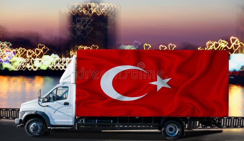 Turkey Flag on the Side of a White Van Against the Backdrop of a ...