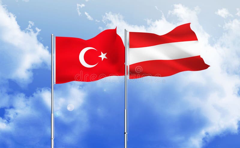 Austria and Turkey Flags Together Waving Against Blue Sky Stock Image ...