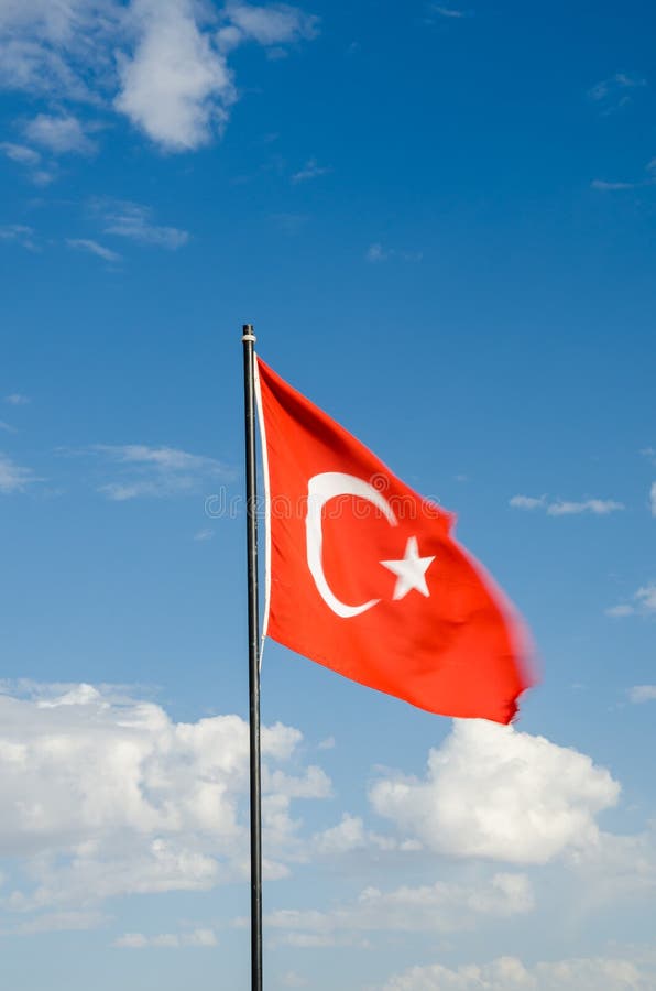 Turkey Flag Waving Under Sunny Blue Sky. Stock Photo - Image of flag ...