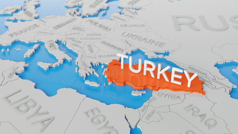 Turkey Highlighted on a White Simplified 3D World Map. Digital 3D ...